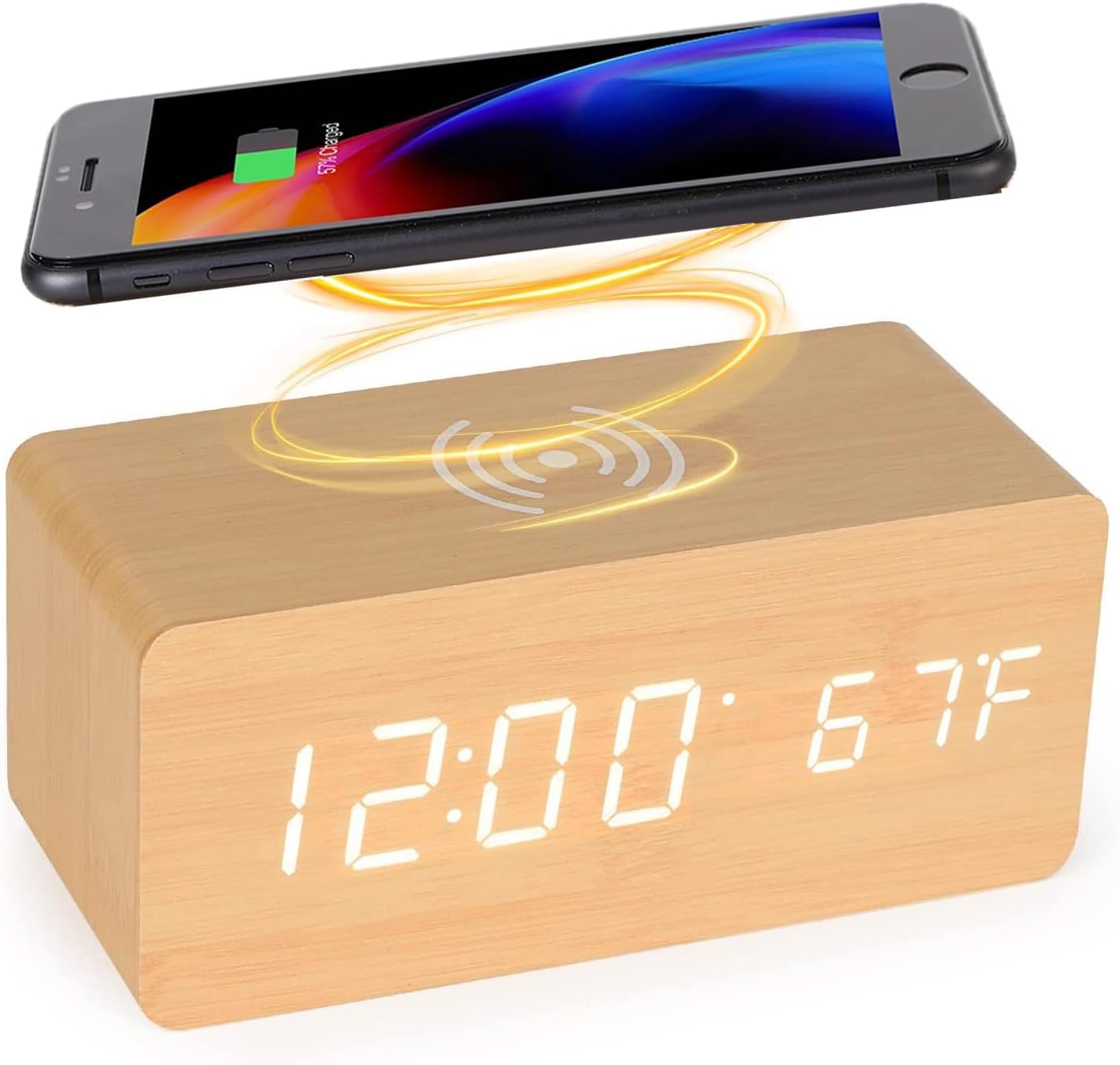 Omihakvi Wooden Digital Alarm Clock with Wireless Charging Station, 5 W ...