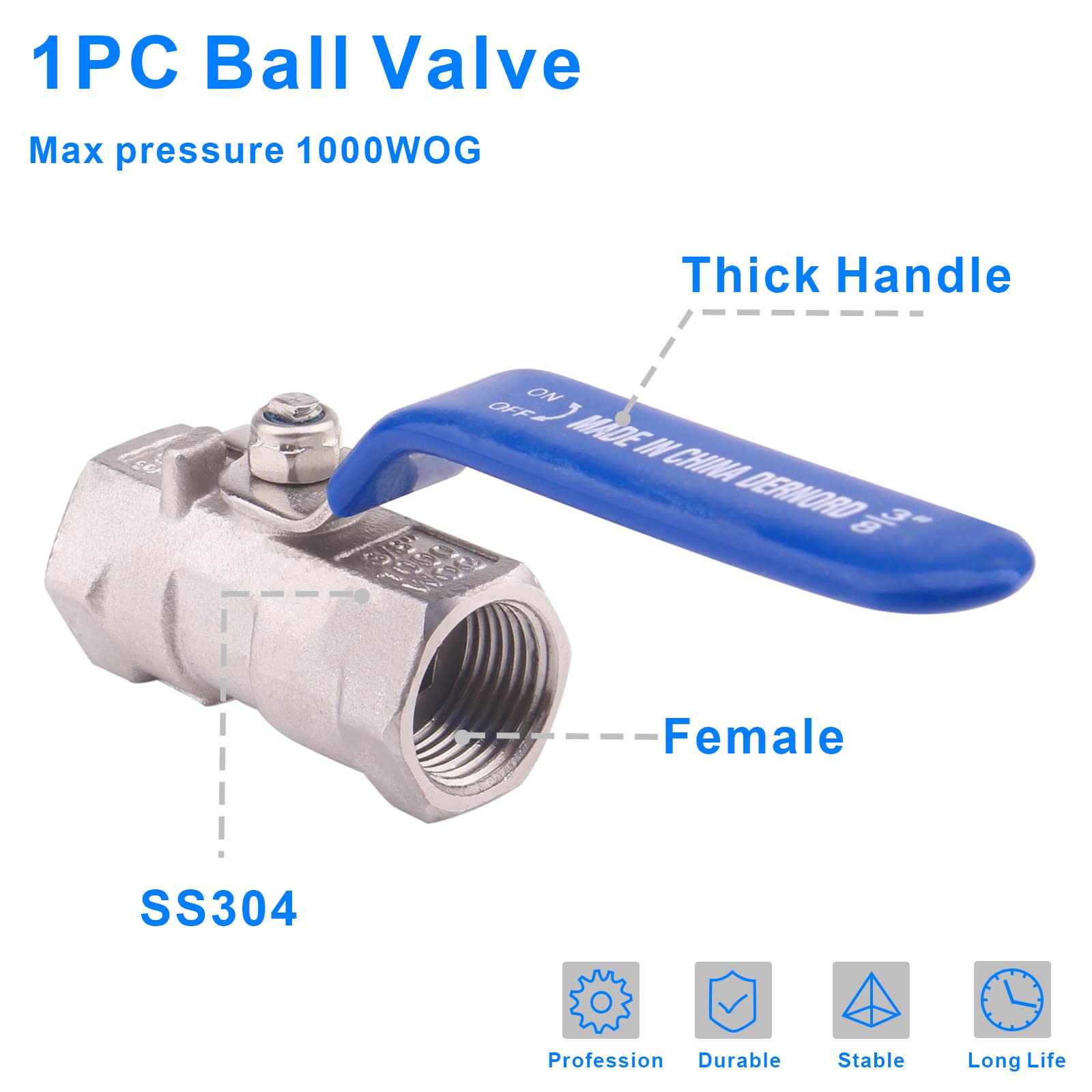 Snapklik.com : DERNORD Stainless Steel Ball Valve 1PC Type 3/8 Inch NPT ...