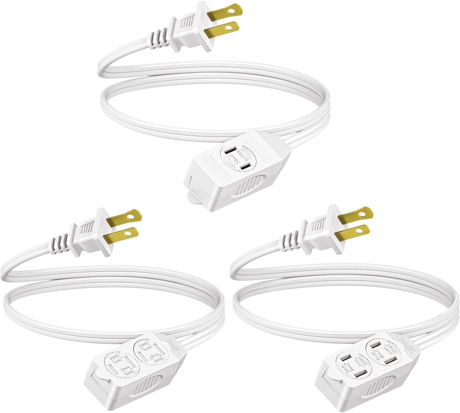 4 feet White Extension Cord, 3 Outlet, 2 Prong, 16 Gauge Cable, 3 ...