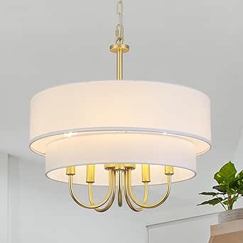 Gold Farmhouse Chandelier 5 Lights Drum Chandeliers with White Fabric ...