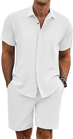 Amazon.com: COOFANDY Men's Summer Beach Outfits 2 Piece Short Sleeve Shirts and Shorts Vacation ...
