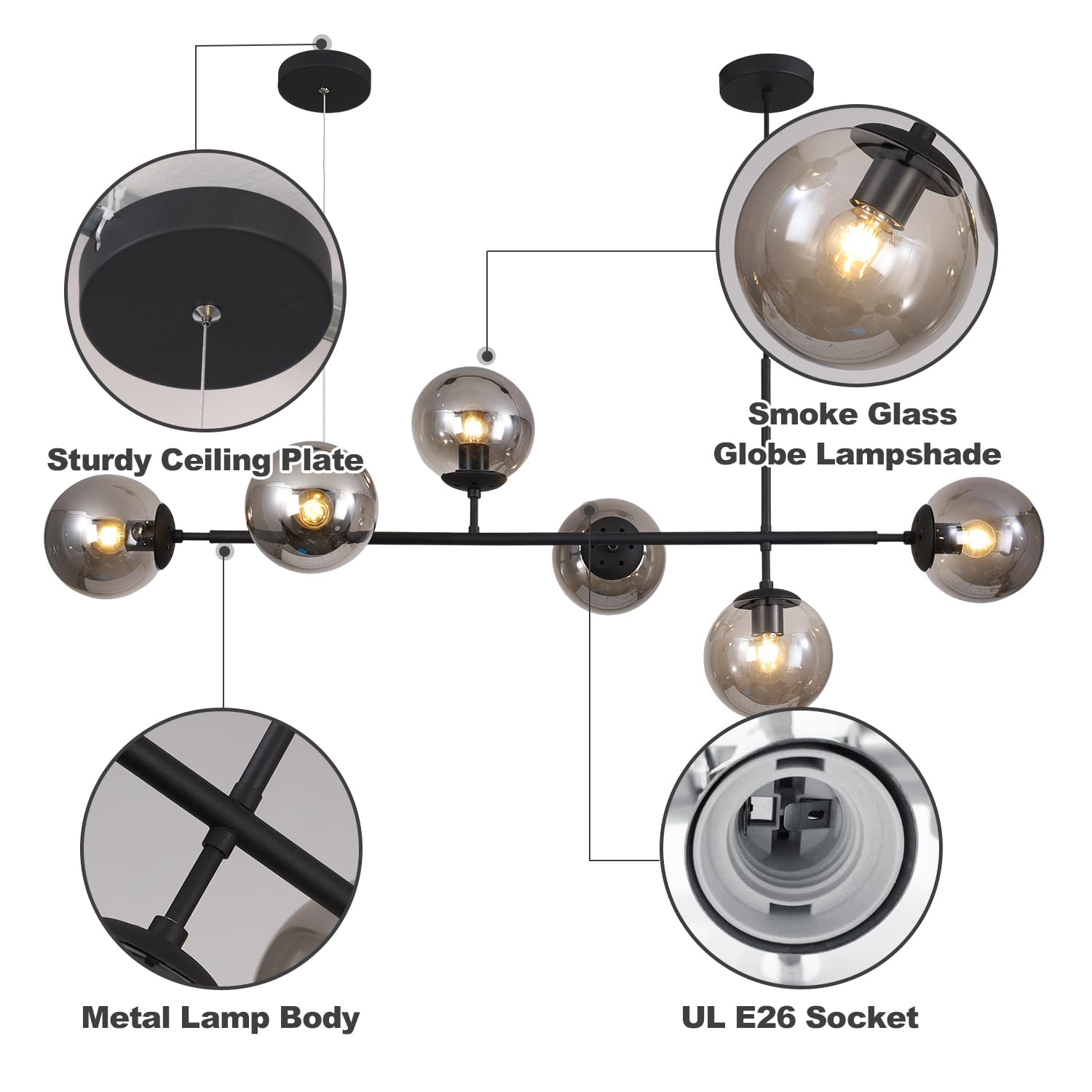 Snapklik.com : KCO Lighting 6-Light Mid Century Modern Rectangle Sputnik Chandelier Black ...