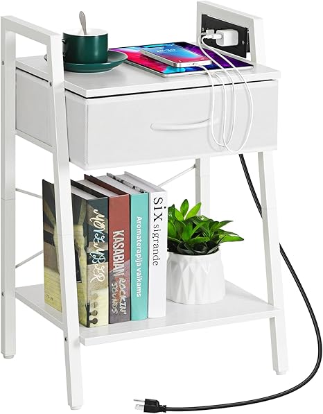 Amazon.com: White Nightstand with Charging Station, Small Night Stand ...
