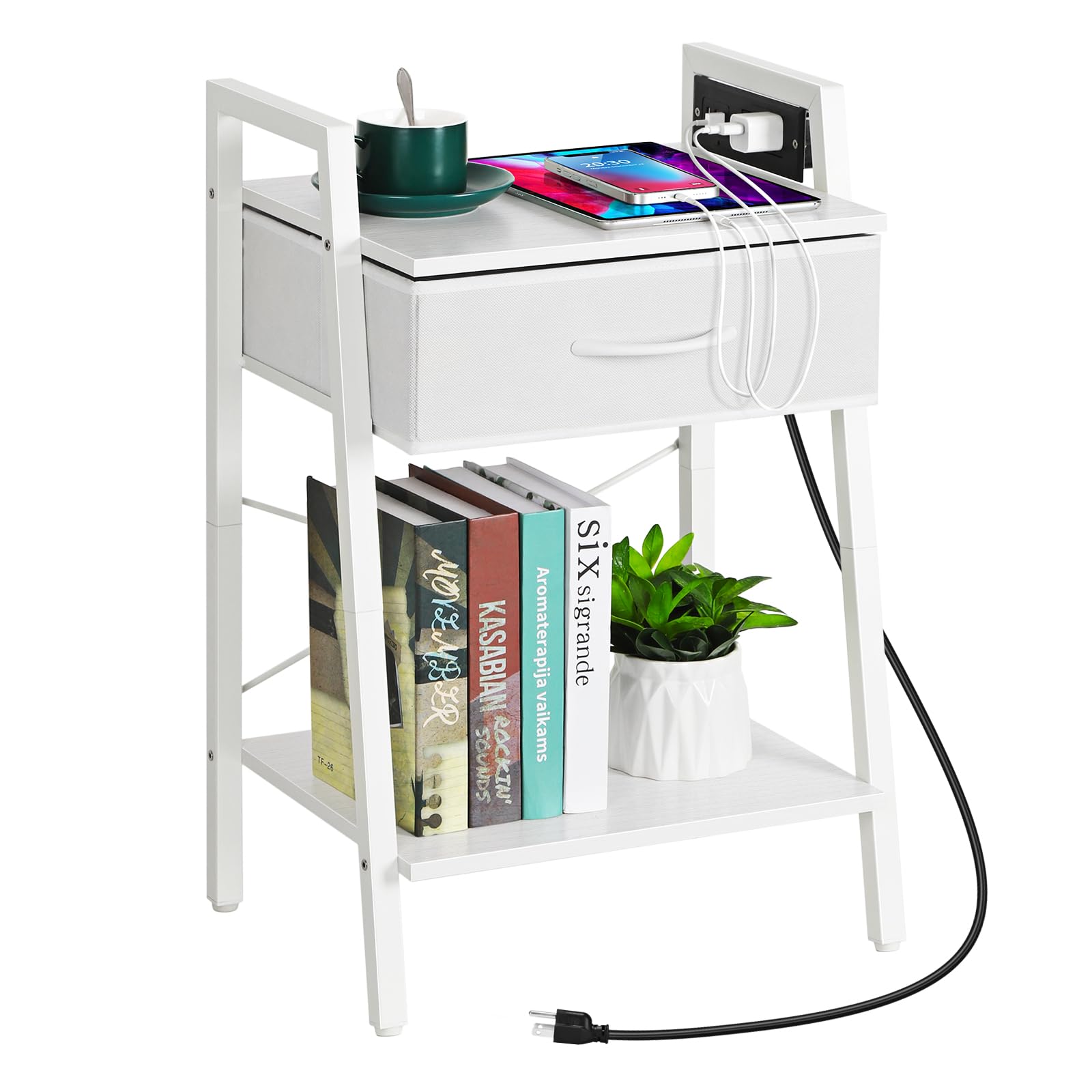 White Nightstand with Charging Station, Small Night Stand with USB ...