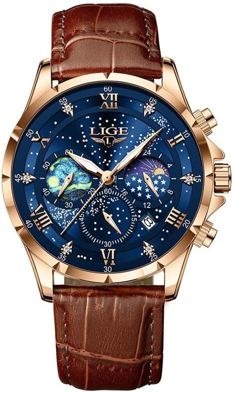 LIGE Watch for Men Blue Dial Chronograph With Genuine Brown Leather ...