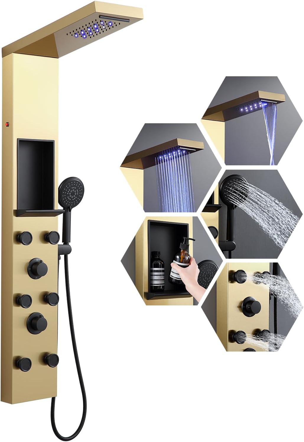 ROVATE LED Shower Panel Tower System with Shelf, Brushed Gold Rainfall ...