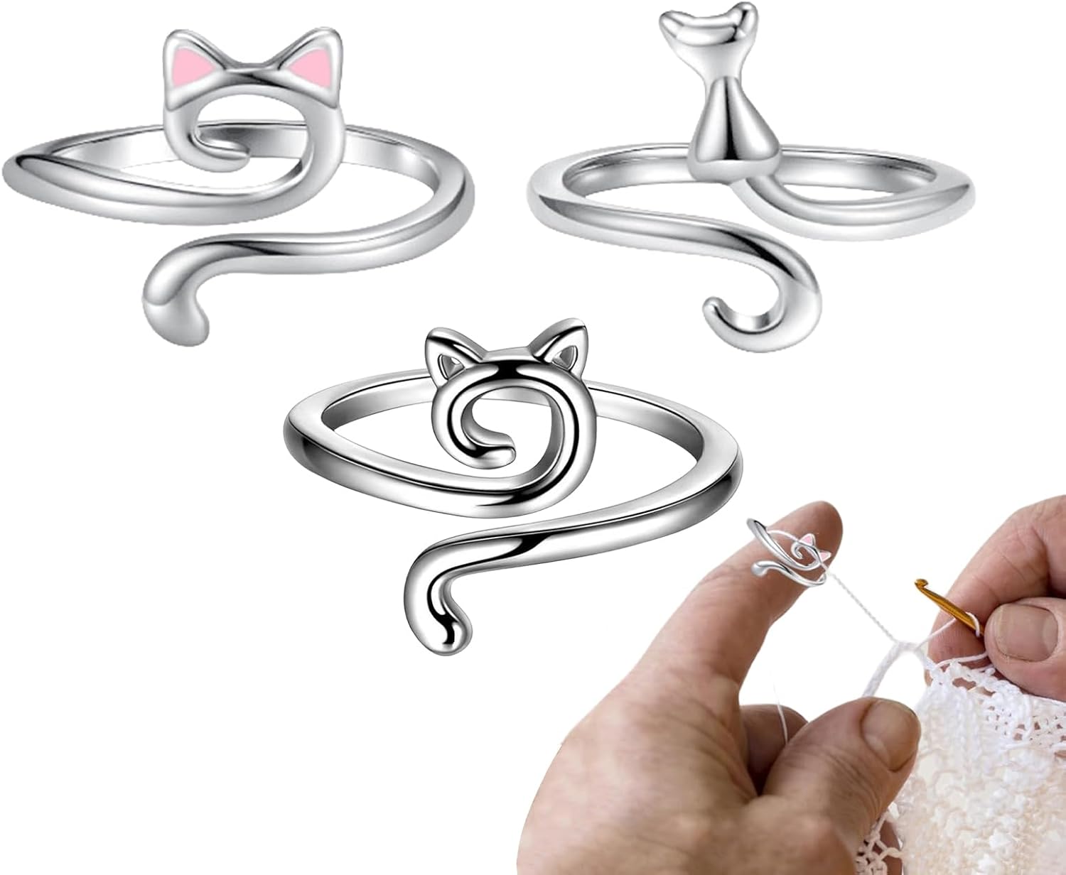 Amazon.co.jp: 3/6個の調節可能な指用かぎ針編みリング - 猫耳糸リング、猫の形のかぎ針編みテンションリング、かぎ針編み ...