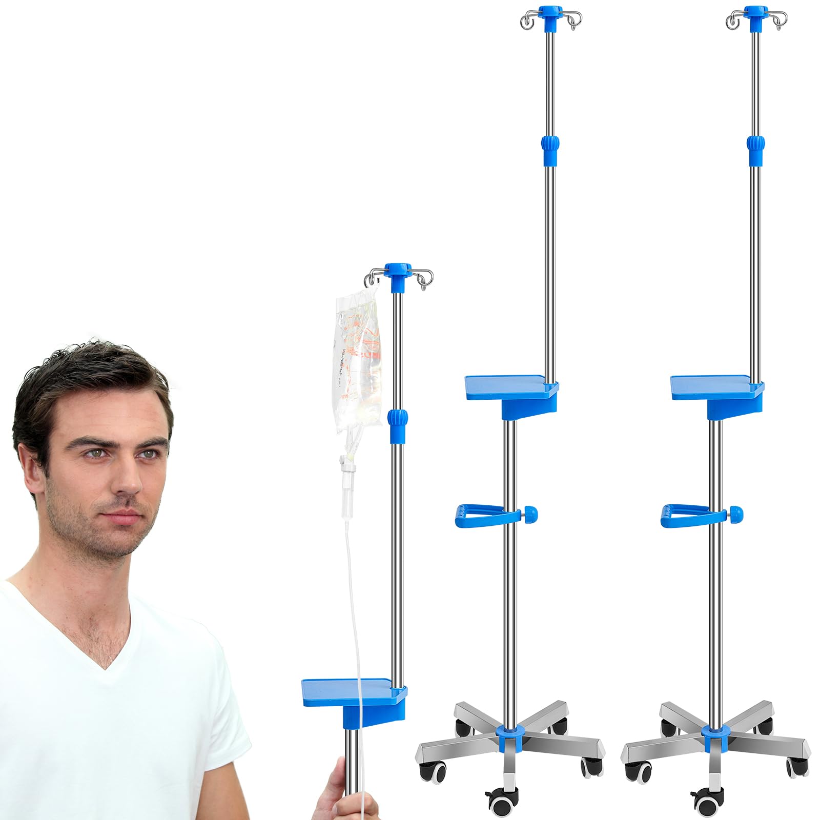 2 Pcs IV Pole Stainless Steel IV Pole with Wheels Medical IV Stand for ...