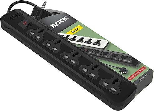 iLOCK power strip 5 universal outlets with switch (Black) - 2 Meter ...