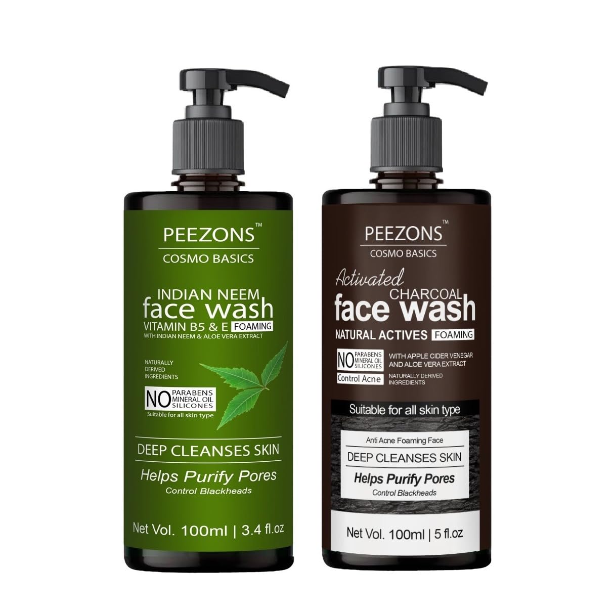 PEEZONS Combo Of Neem And Activated Charcoal Face Wash With Pump For ...
