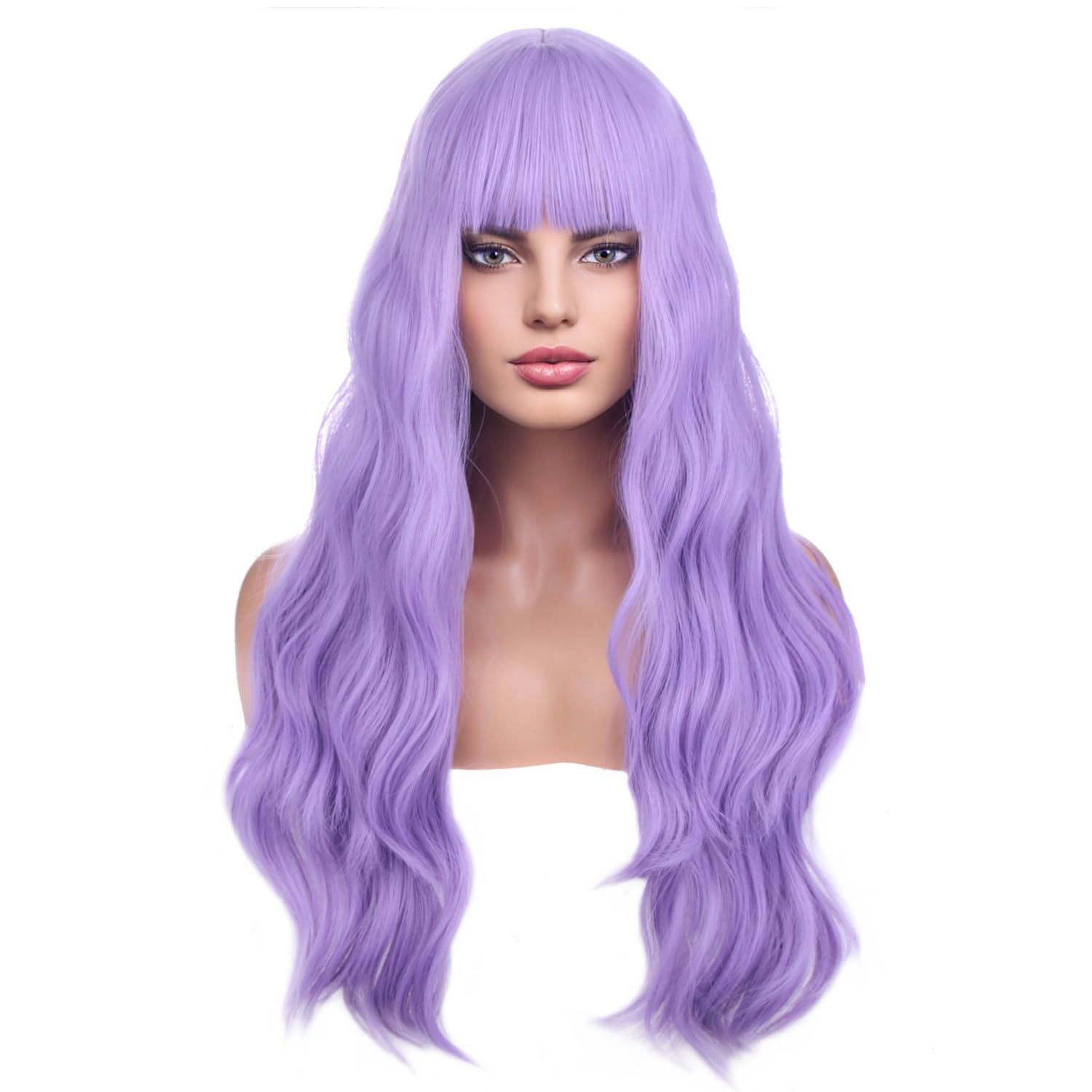 Amazon.com : BERON 26 Inches Purple Wig Long Curly Wig with Bangs ...