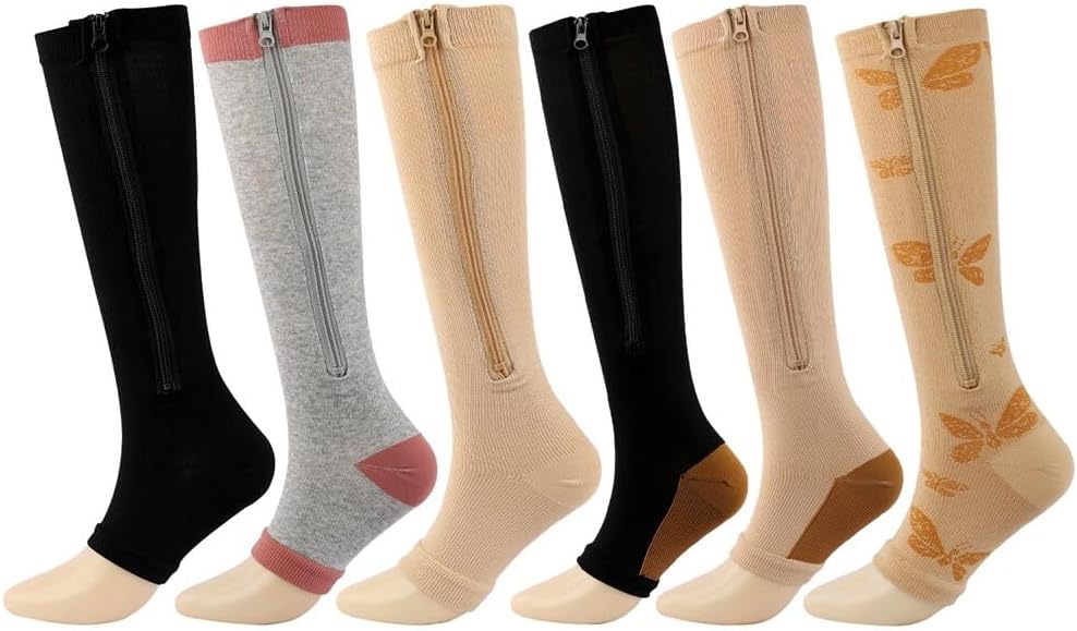 Amazon.com: 6 Pairs Zipper Compression Socks for Women Men Open Toe ...