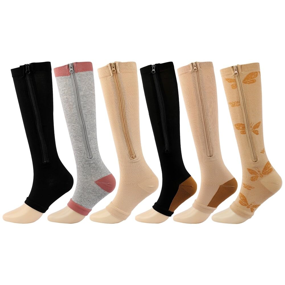 Amazon.com: 6 Pairs Zipper Compression Socks for Women Men Open Toe ...