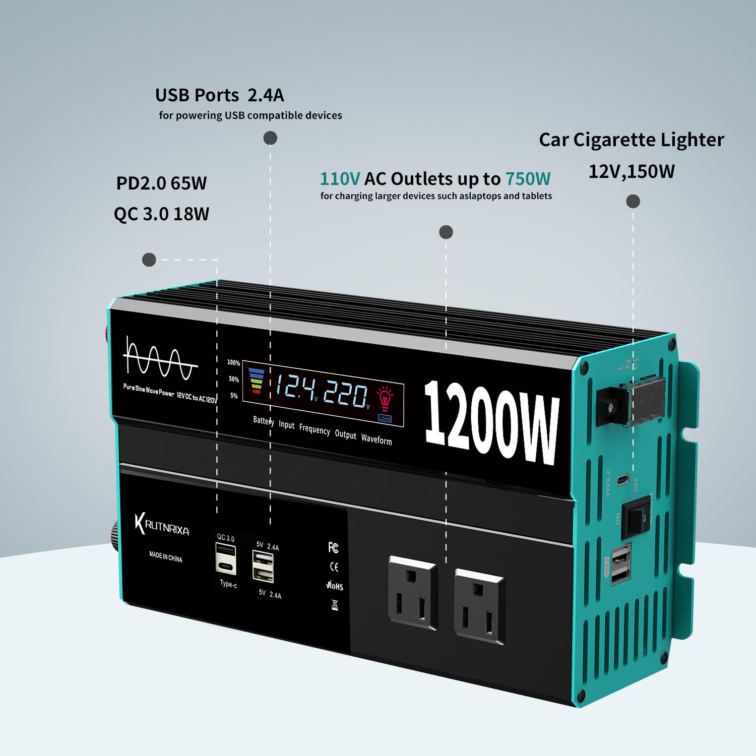Snapklik.com : RUTNRIXA 1200W Pure Sine Wave Car Power Inverter DC 12V To AC 110V Power ...