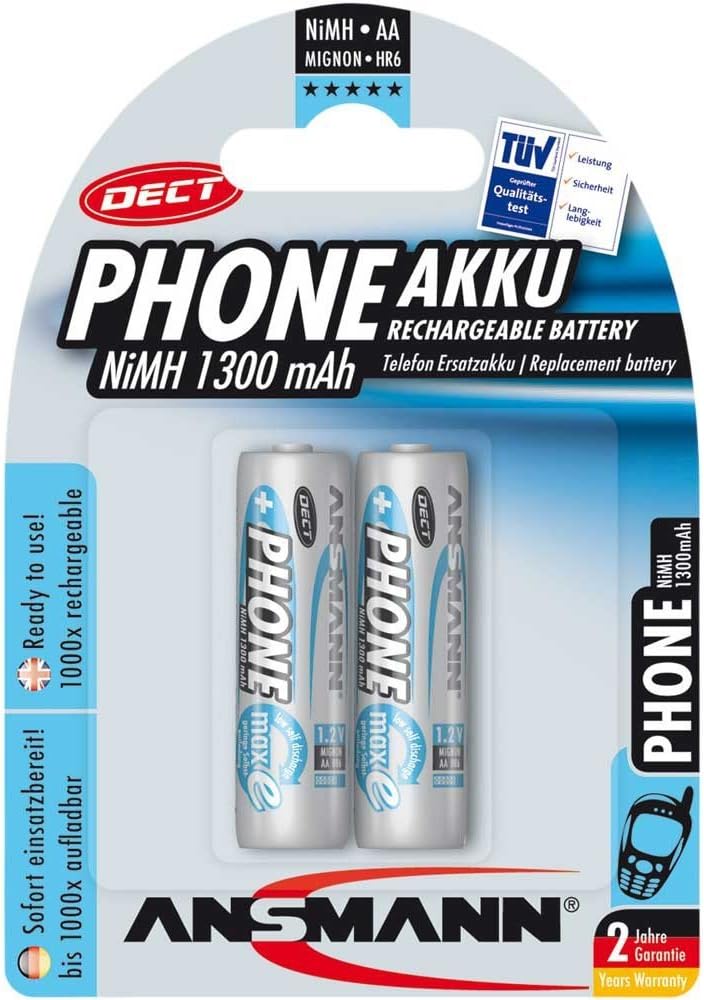 ANSMANN AA Dect Phone Batteries [Pack of 2] Rechargeable 1300 mAh NiMH ...