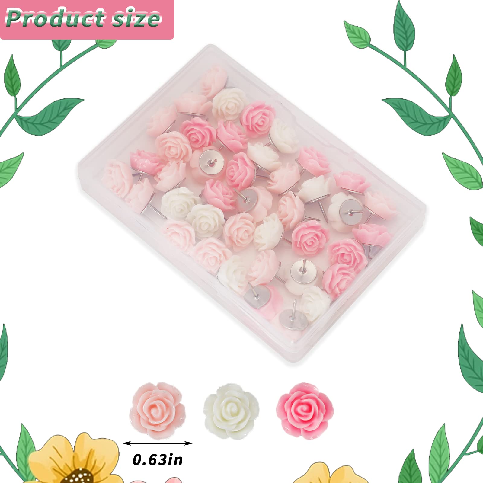Snapklik.com : 40Pcs Rose Theme Push Pins Rose Thumb Tacks Decorative ...