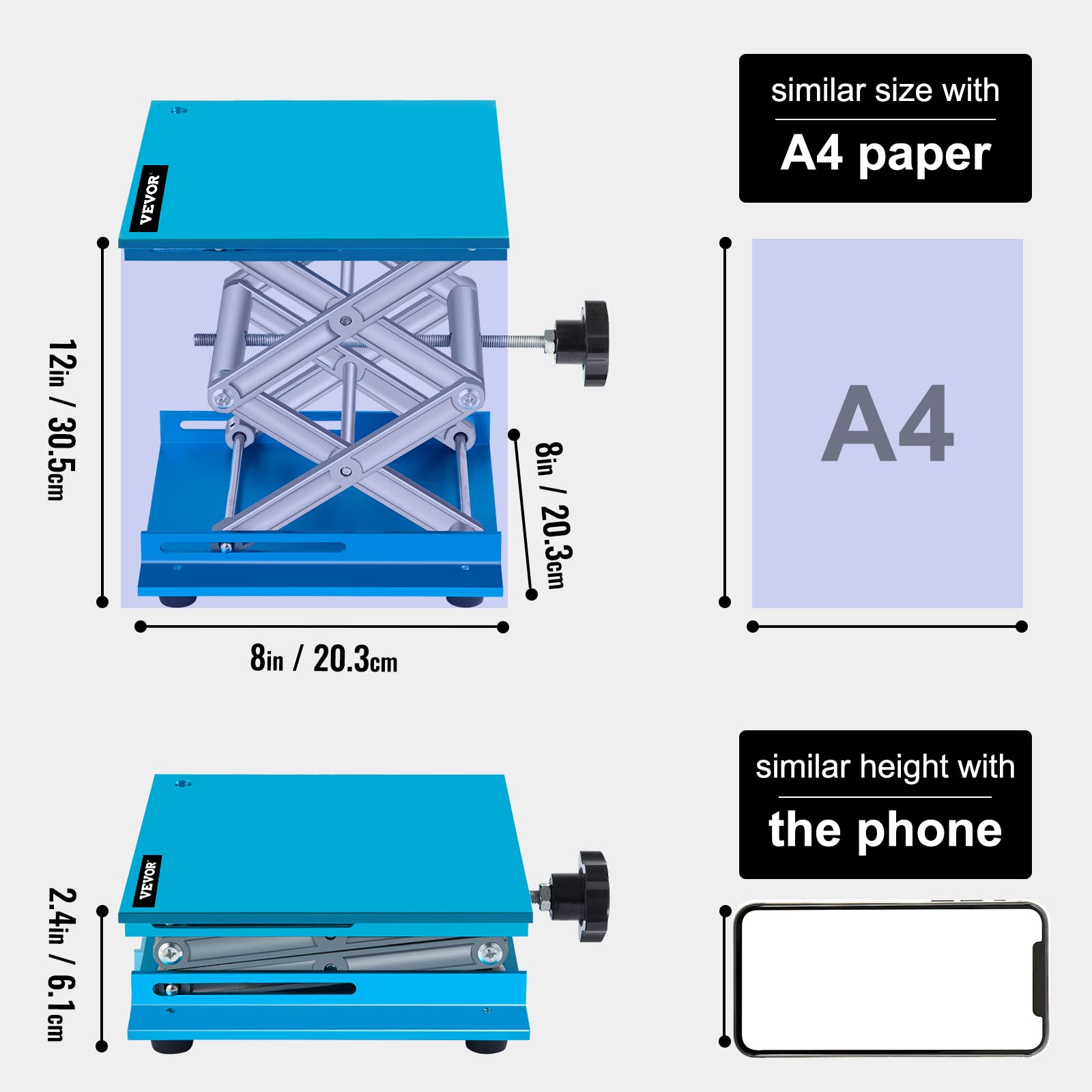 VEVOR Lab Jack Stand, 8" x 8" Aluminum Oxide Lab Lift Jack with 2.4"-12" Adjustable Height ...