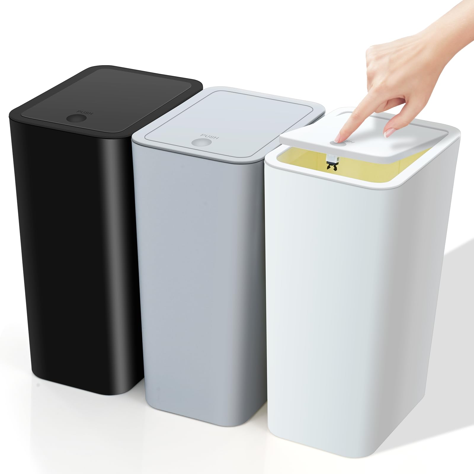 ROUDJER Bathroom Trash Can with Lid, 3 Pack 10L / 2.64 Gallon Plastic ...