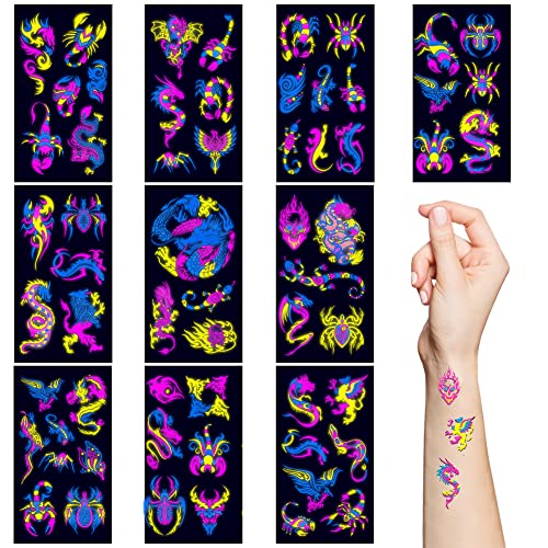 Neon Temporary Tattoo,10 Sheet Glow in the Dark UV Neon Body Face Skin ...