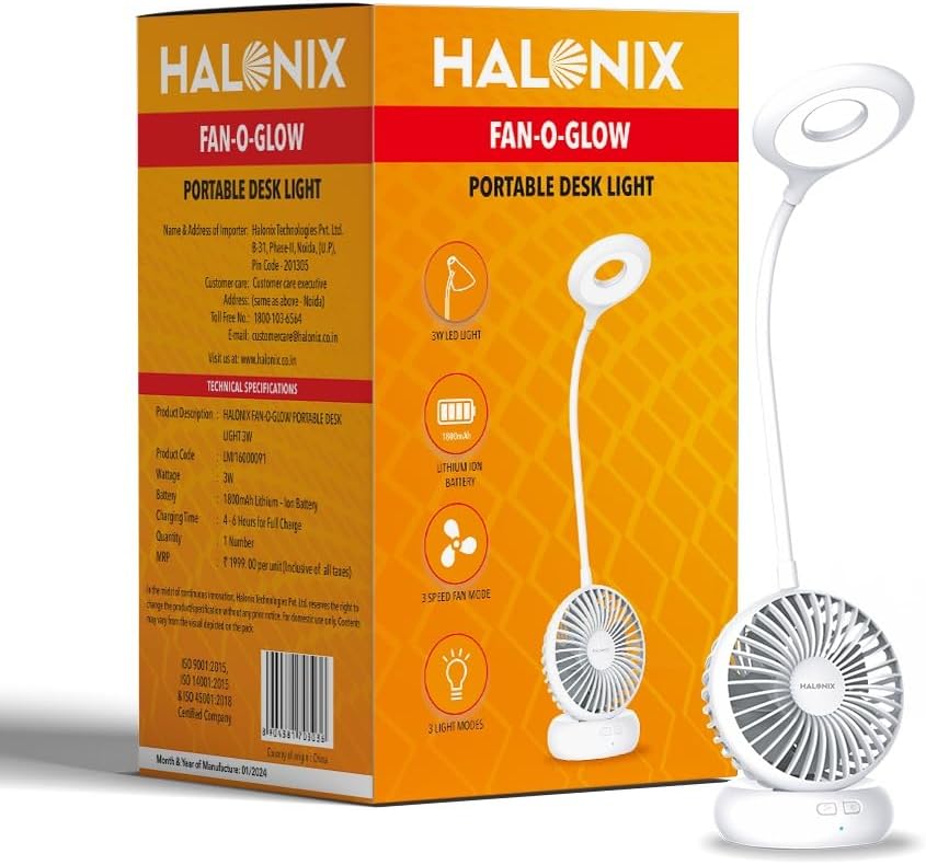 Buy Halonix FAN-O-GLOW Portable Desk Light | Study lamp with Fan | 3 ...