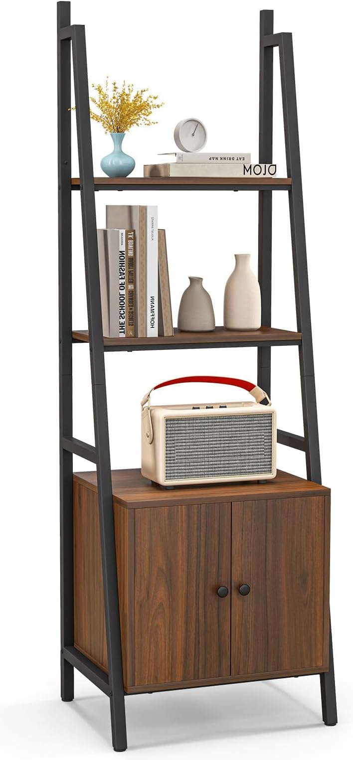 COSTWAY Ladder Bookshelf with Cabinet, 184cm Wall Mounted Bookcase with ...