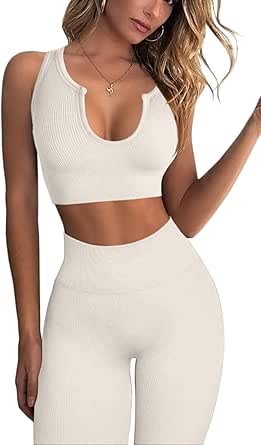 Amazon.com: QINSEN Workout Outfits for Women 2 Piece Ribbed Seamless Crop Tank High Waist Yoga ...
