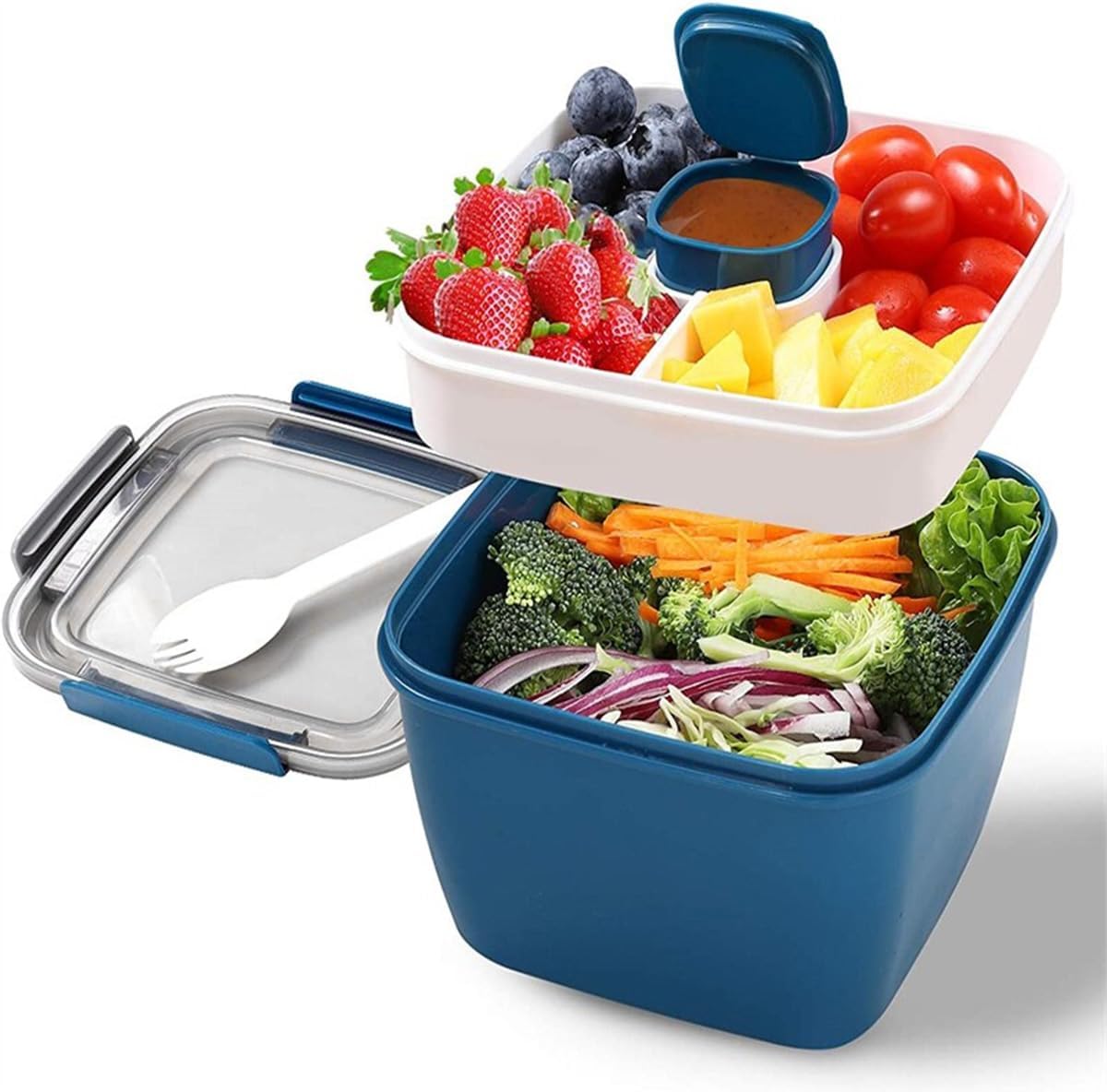 Double Layer Lunch Box, 1.5L Bento Box with Divided Compartments Lunch ...