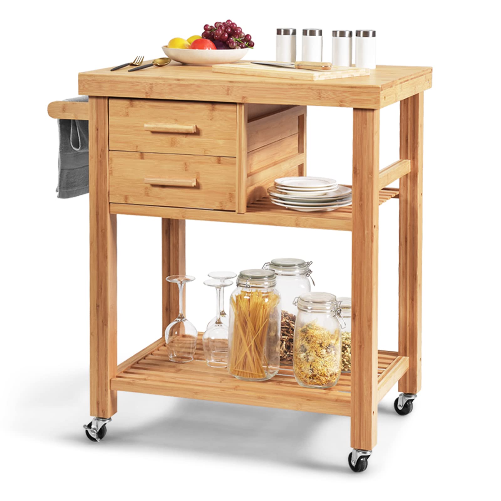 GORELAX Bamboo Kitchen Island on Wheels, Lockable Rolling Kitchen Cart ...