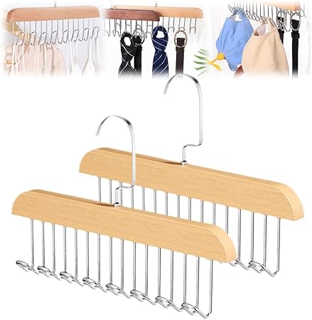 2PCS Wooden Belt Hanger for Closet with 8 Hooks Anti Slip Multi Hook ...
