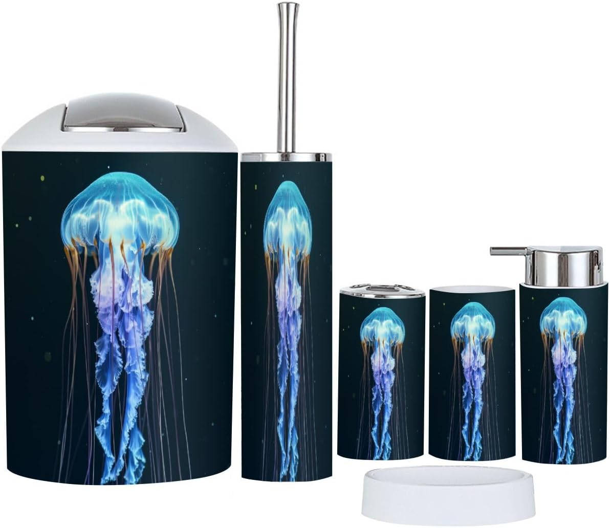 Amazon.com: Bathroom Accessory Set 6 Piece Watercolor Jellyfish Cosmic ...