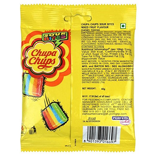 Chupa Chups Sour Bites Chewy Toffee, Mixed Fruit Flavour, 61.6 Gram (30 ...