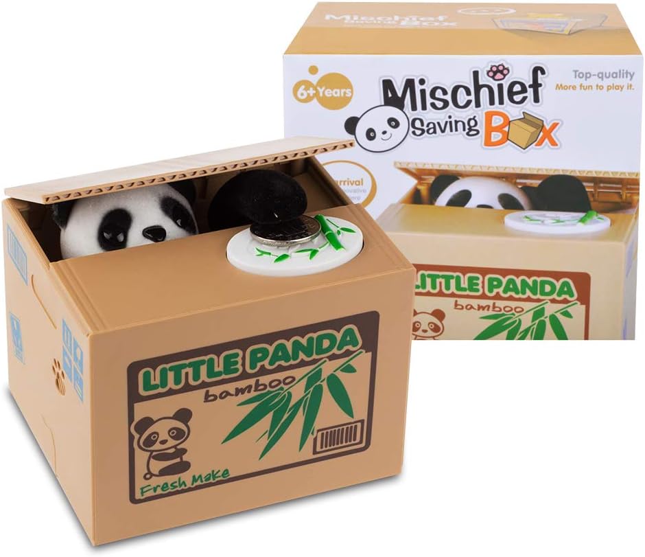 JZK Funny Cute Grey Cat Stealing Coin Money Box Little Cat Panda Piggy ...