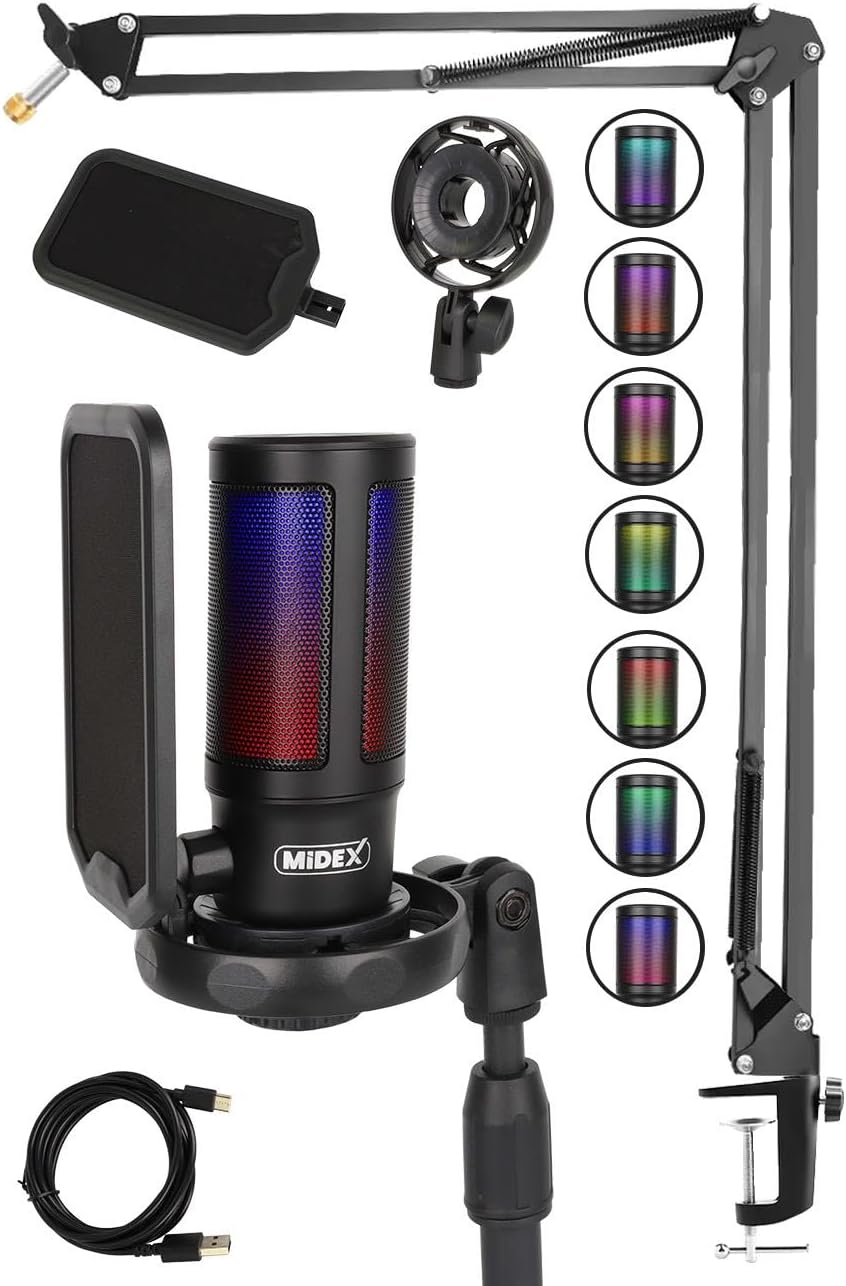 Midex V6 RGB Set USB Oyuncu ve Yayıncı Mikrofonu Condenser Stüdyo (Kayıt Gaming Tiktok Twitch ...