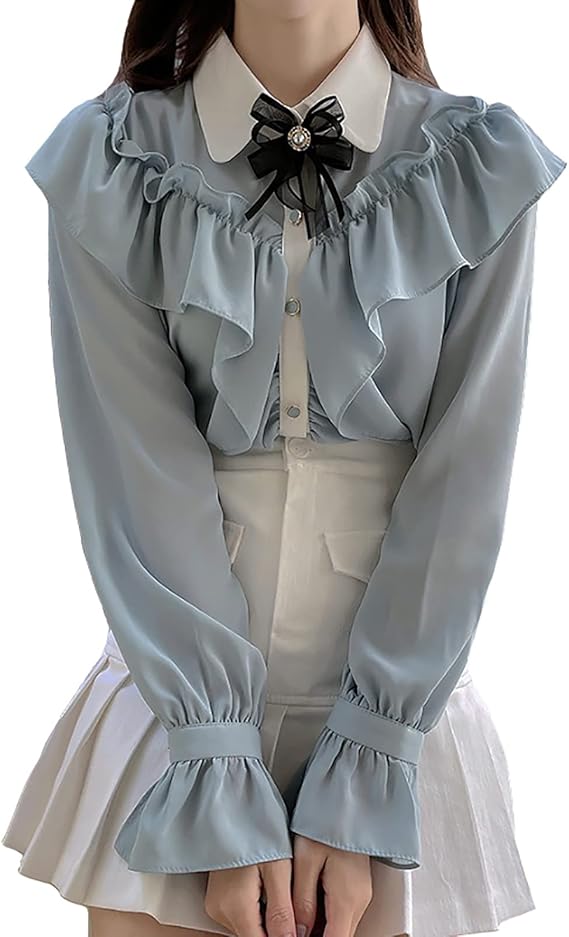 Amazon | [TOWYYO] かわいい シフォン ブラウス 地雷系 量産型 リボン フリル レース レディース 長袖 レディースブラウス シャツ 大人 フェミニン 薄手 おしゃれ 春 夏 ...