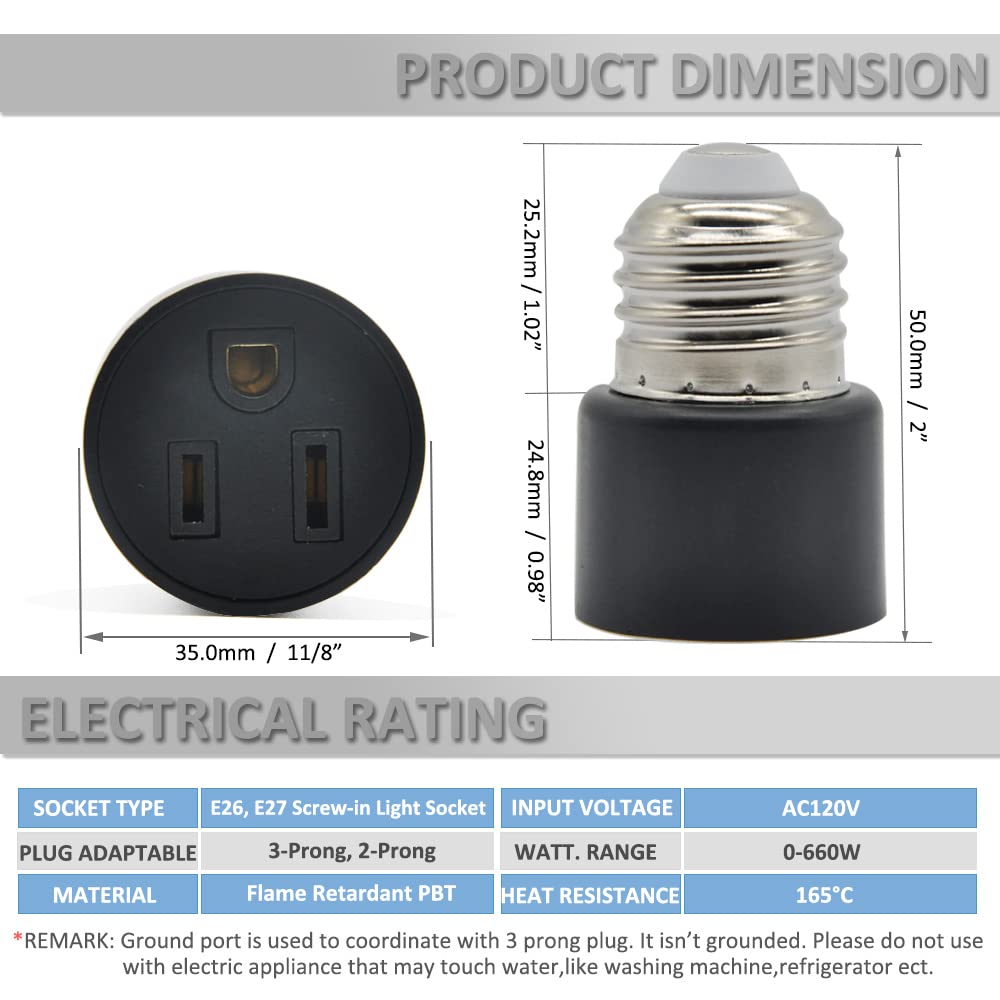 Grounded Light Socket Adapter High Quality 3 Outlet Grounded AC Power