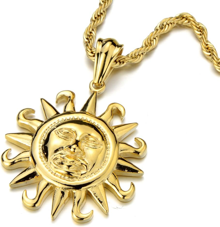 COOLSTEELANDBEYOND Vintage Unisex Golden Sun Pendant Necklace for Men ...