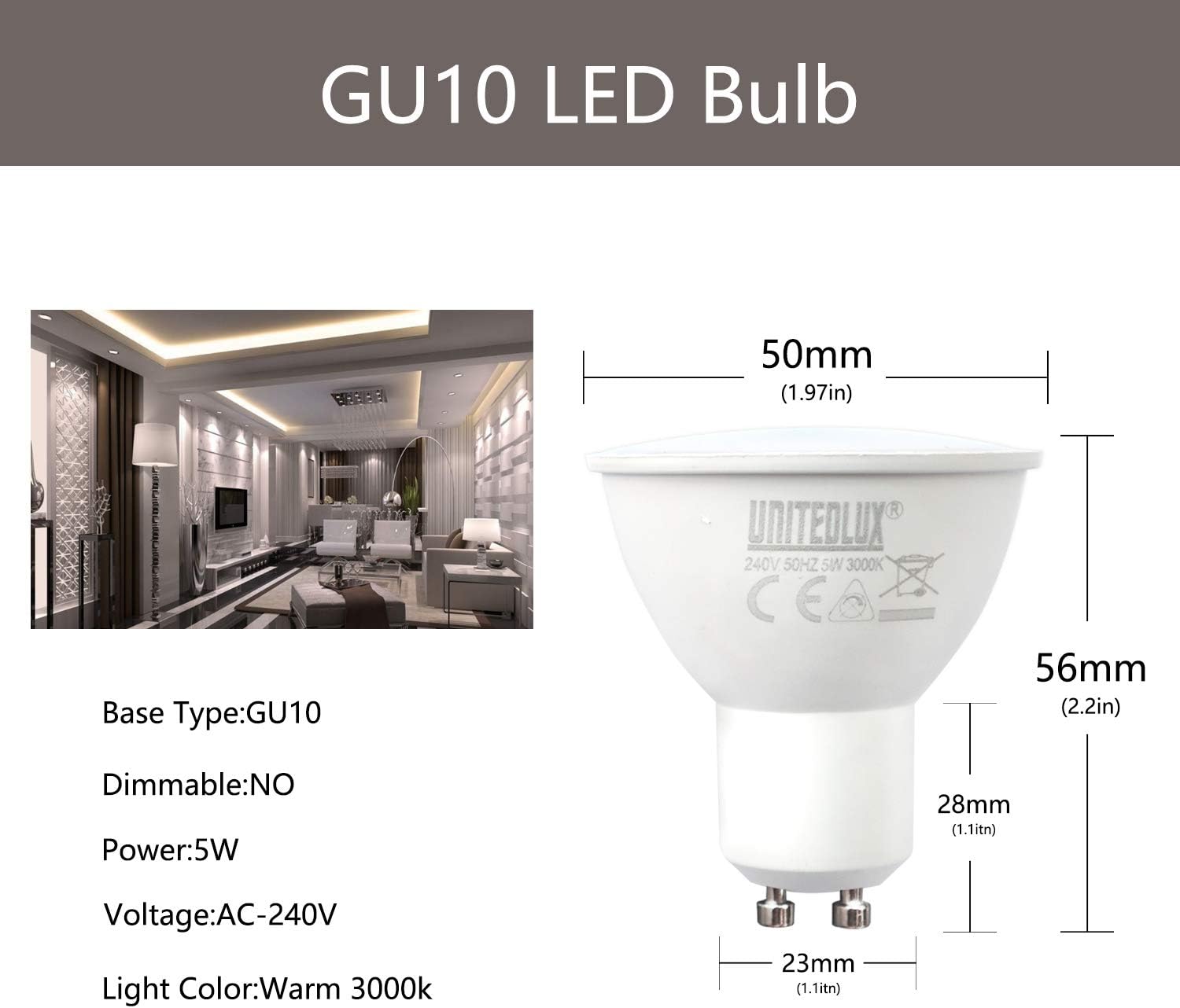 UNITEDLUX GU10 LED Light Bulbs Warm White 5W 450lm Energy Saving 45W ...