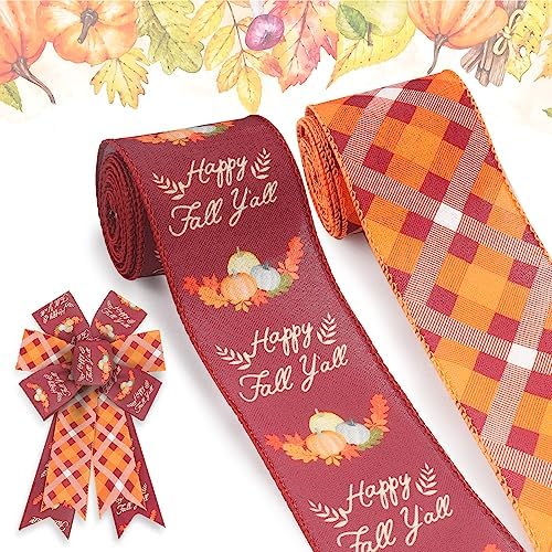 Amazon.com: ALIBBON 2 Rolls 2.5" × 5 Yd Fall Wired Ribbon Thanksgiving ...