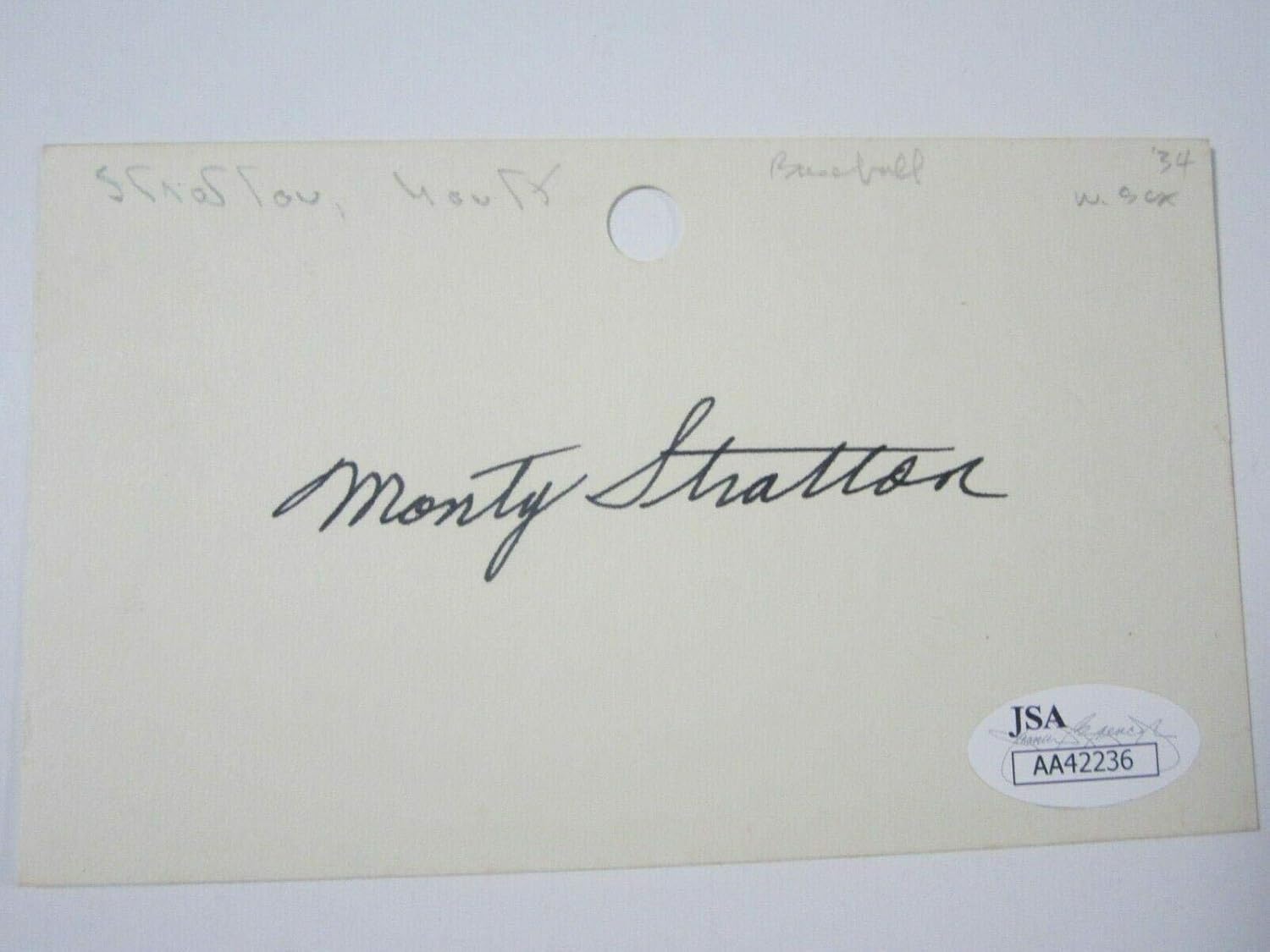 MONTY STRATTON 1934 Chicago White Sox Signed Autographed Index Card CoA ...