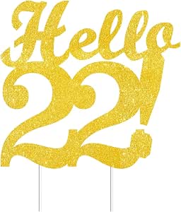 Amazon.com: Hello 22 Cake Toppers Gold Glitter, Happy 22nd Birthday ...