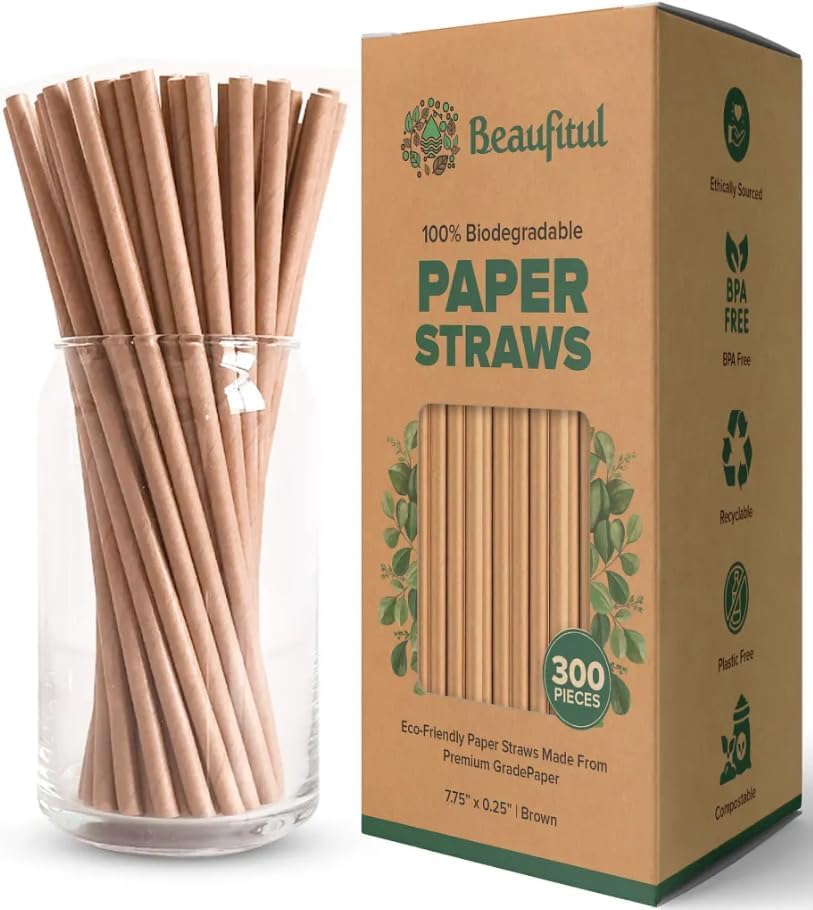 Amazon.com: Beaufital 300 Count Biodegradable Brown Paper Straws ...