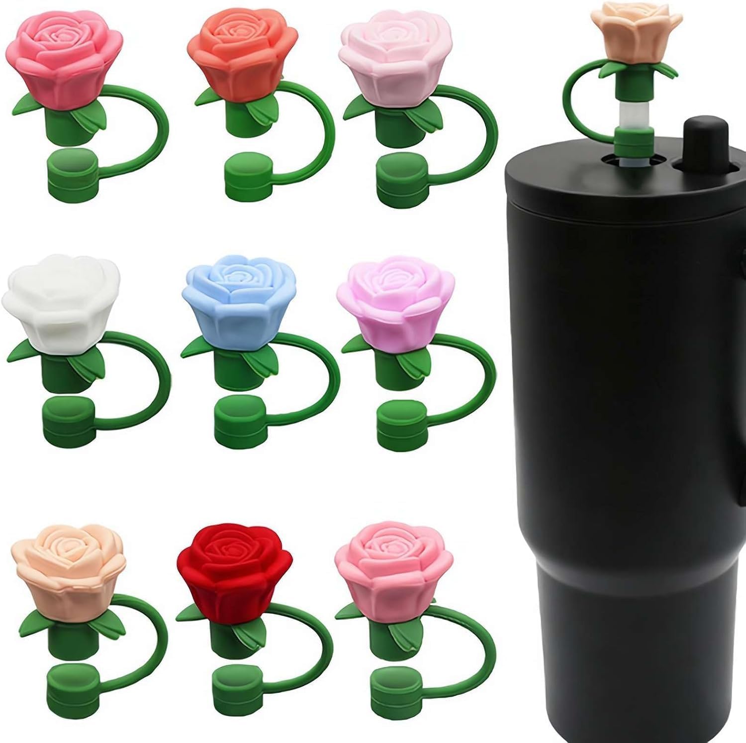 Amazon.com: 9 Pcs Silicone Rose Straw Cover Cap for Stanley Cup, Flower ...
