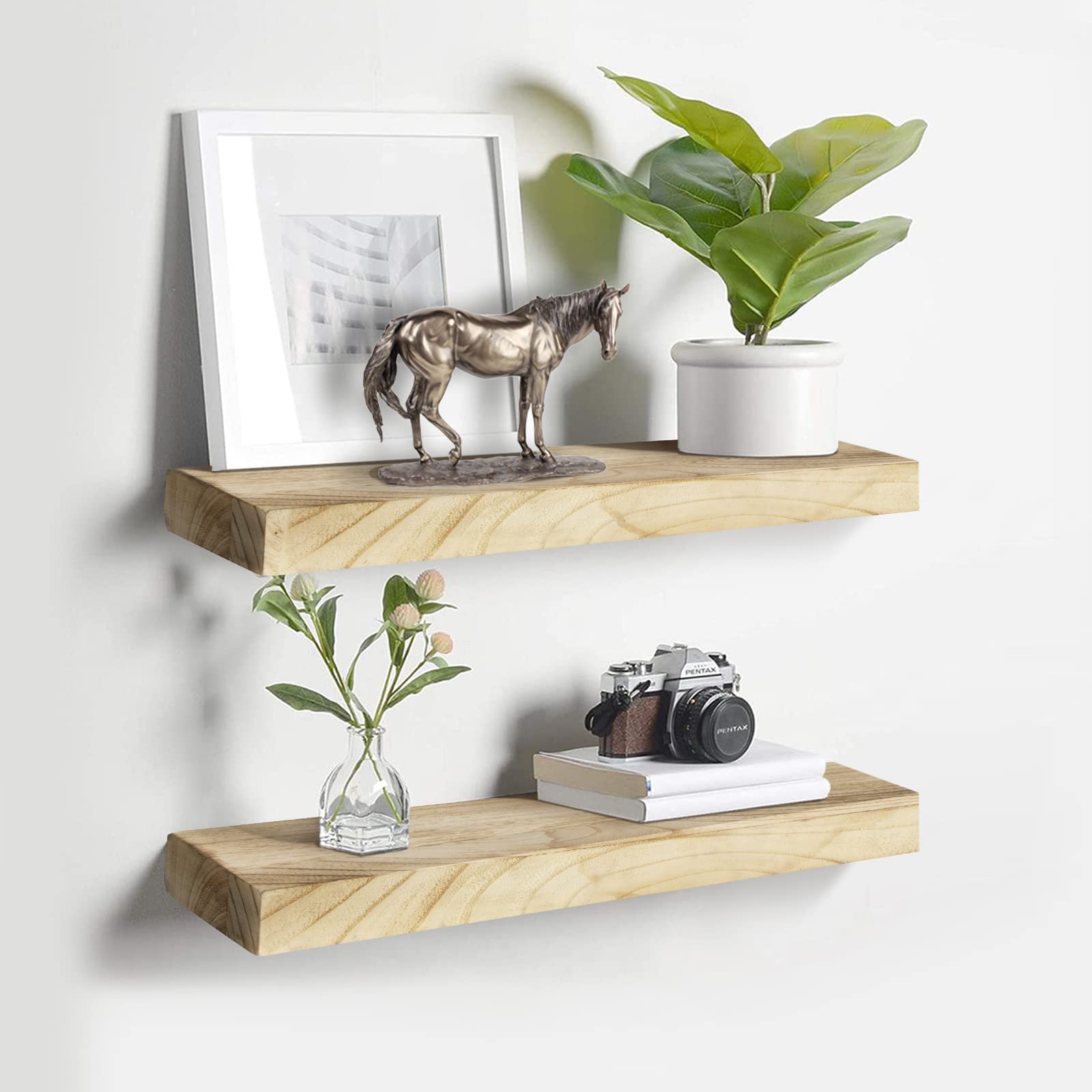 YIERYA Floating Shelves,Solid Wood Wall Shelf Set of 2,Hanging Shelf ...