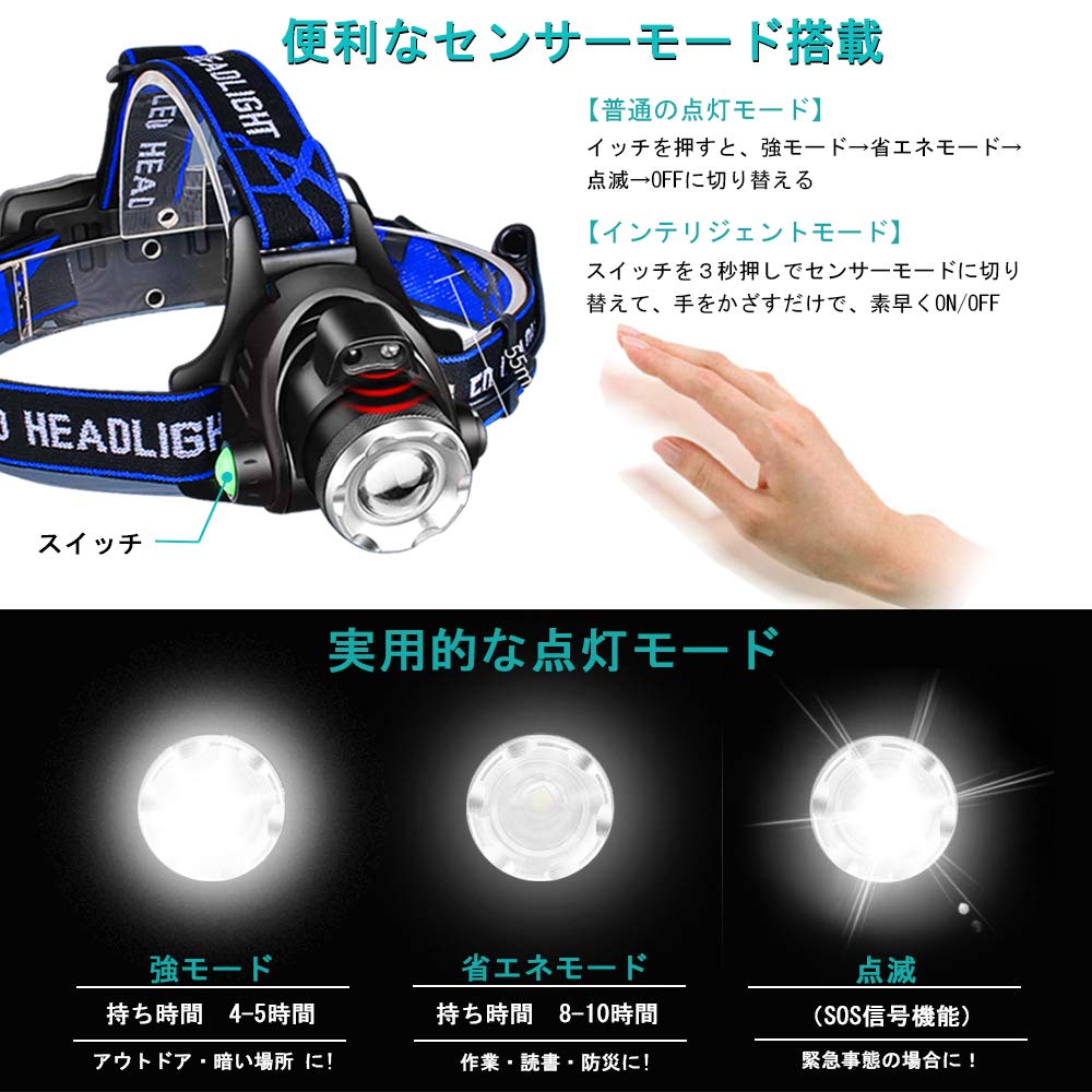 Amazon.co.jp: HOTIONE ヘッドライト 充電式 明るい led LEDライト