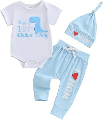 Amazon.com: Baby Boy Girl Mother's Day Outfit Short Sleeve Romper and Long Pants Hat Infant ...