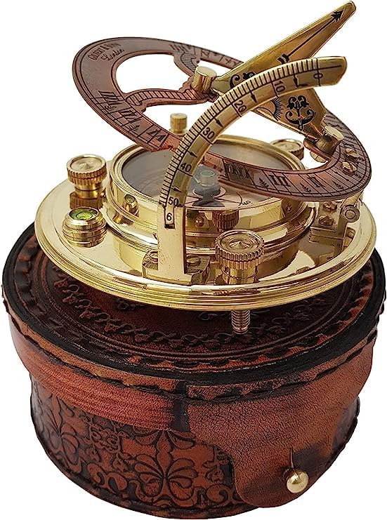 Antique Brass & Copper Sundial Compass, Sundial Clock, Sun dial in Box ...