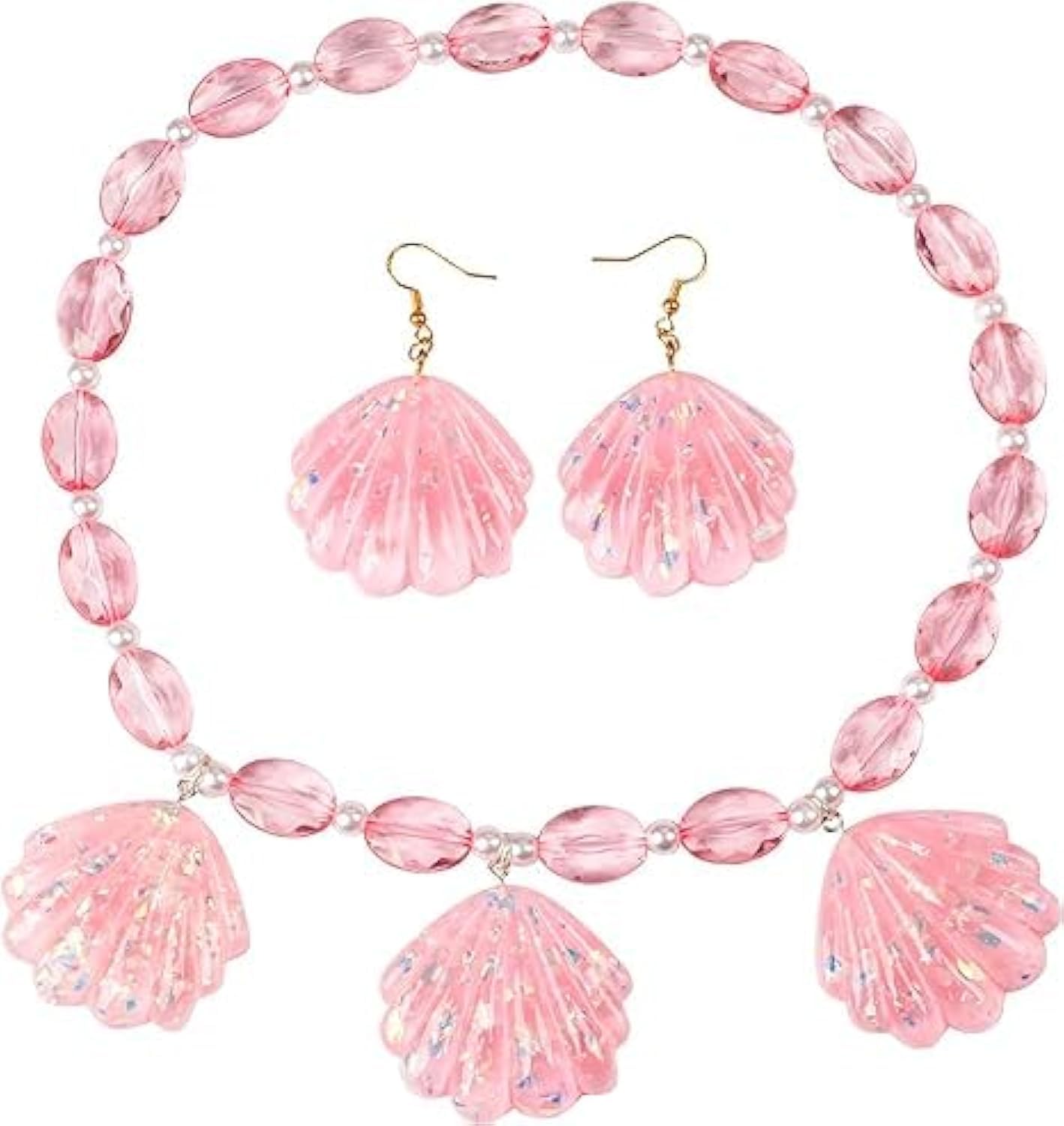 TRIXES Pink Shell Jewellery Set 2PC – Glitter Shell Necklace and Earring Set – Women’s Fancy ...