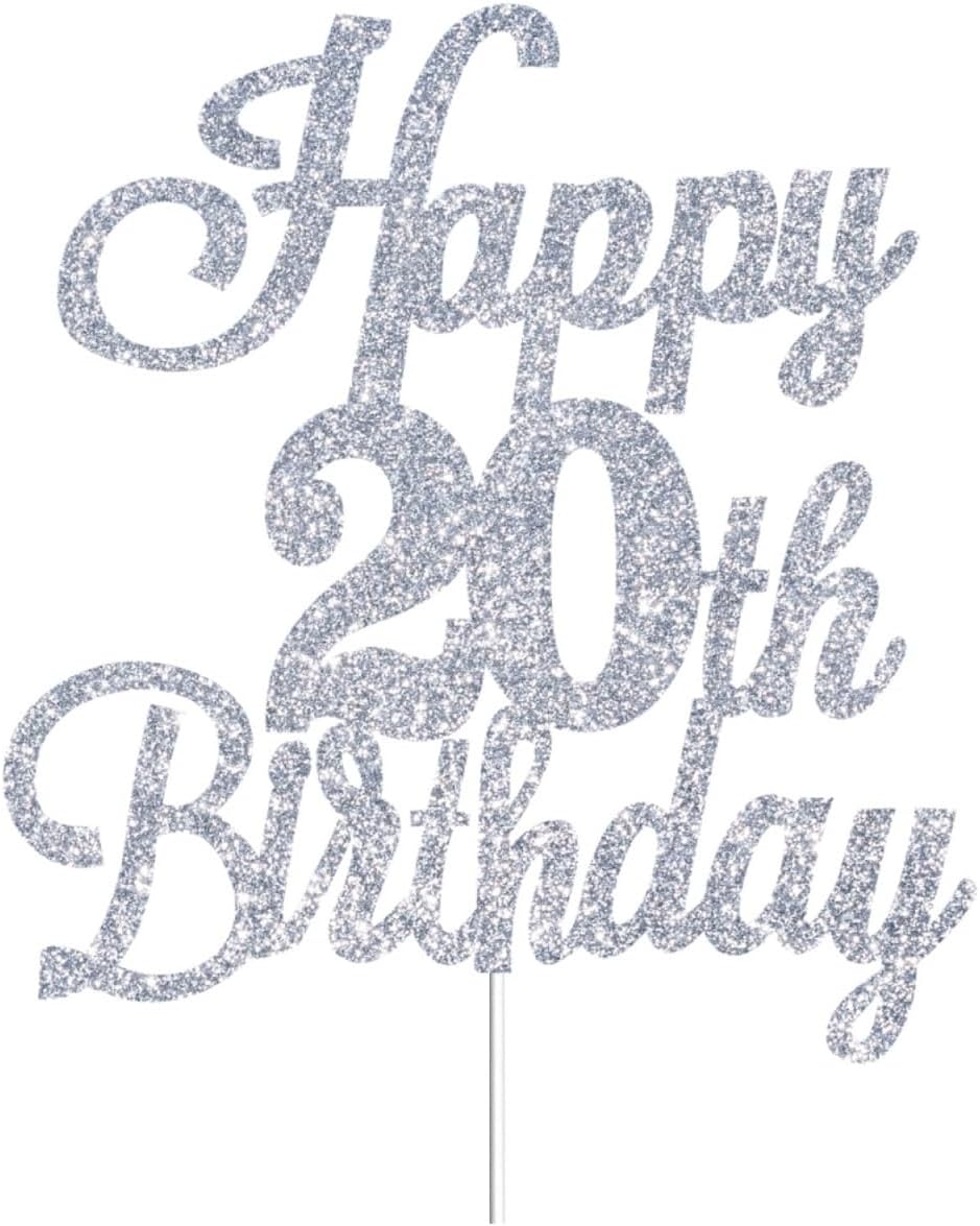Amazon.com: Happy 20th Birthday Cake Toppers Silver Glitter, Cheers to ...