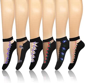 Amazon.com: woosnscly 6 Pairs Floral Sheer Mesh Transparent Socks Ankle ...