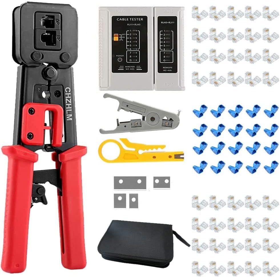 CHZHLM EZ RJ45 Crimp Tool Pass Through Crimper With 80pcs Connetors and ...